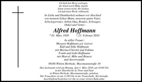 Traueranzeigen Von Alfred Hoffmann Trauer In Nrw De