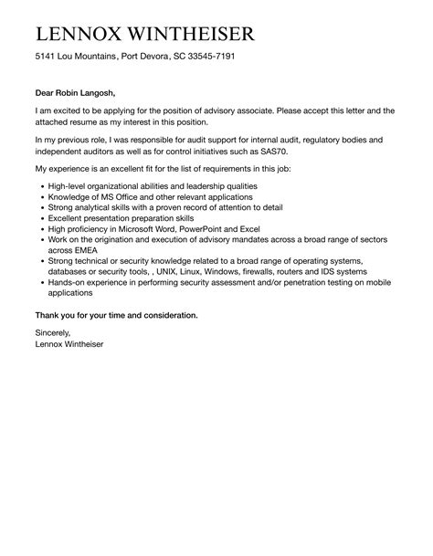 Advisory Associate Cover Letter Velvet Jobs