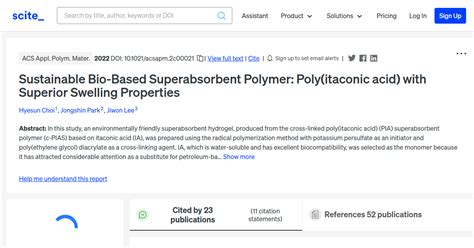 Sustainable Bio Based Superabsorbent Polymer Poly Itaconic Acid With Superior Swelling Properties