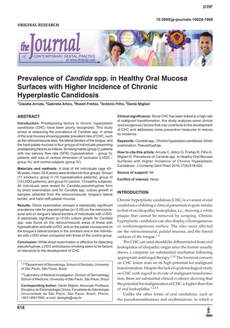 Pdf Prevalence Of Candida Spp In Healthy Oral Mucosa Surfaces With Higher Incidence Of
