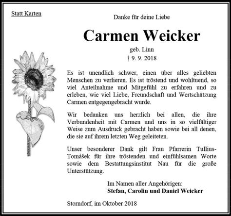 Traueranzeigen Von Carmen Weicker Vrm Trauerde