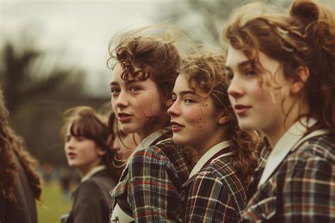 Premium Photo A Group Of School Girls In Plaid Uniforms