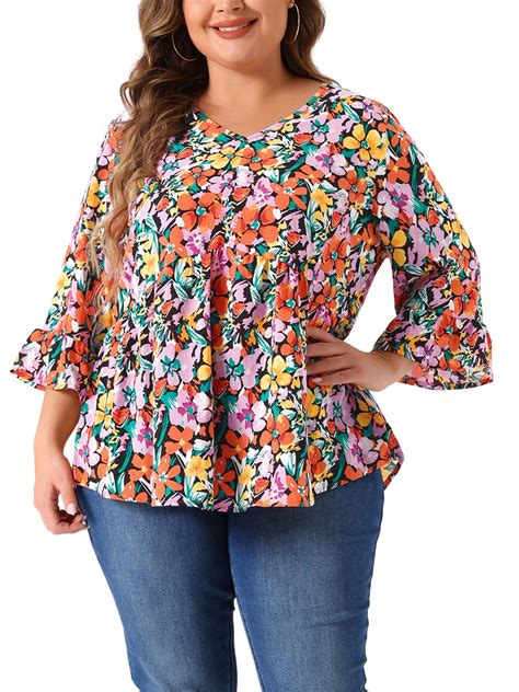 Agnes Orinda Womens Plus Size Floral Blouses V Neck Ruffle Short