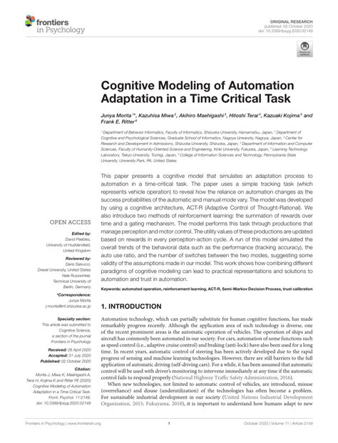 Pdf Cognitive Modeling Of Automation Adaptation In A Time Critical Task
