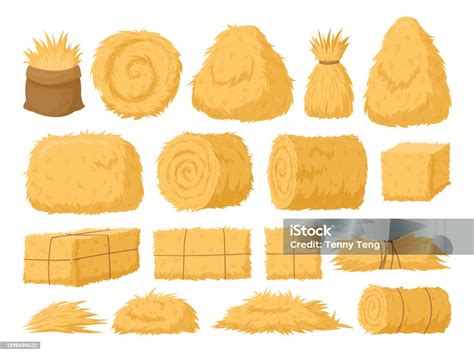 만화 건초 더미 시골 건초 롤 스택 및 농업 건초 더미 말린 건초 더미 사료 짚 및 농장 건초 더미 벡터 기호 일러스트 레이 션 세트 건초 수집의 베일 건초 재배 식물에