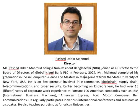 Mr Rashed Uddin Mahmud Global Islami Bank Plc