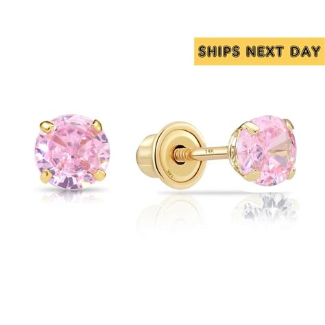 14k Solid Yellow Gold Round Cz Stud Earrings Screwback Sleeper Studs