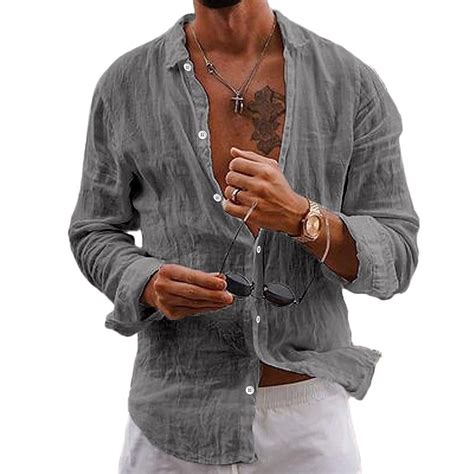 Mens Casual Solid Color Lapel Cotton Linen Long Sleeved Shirt 7609844