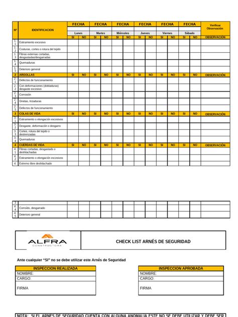 Check List Arnes De Seguridad Semanal Pdf