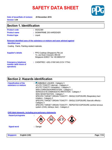 Sigmaprime 200 Hardener Safety Data Sheet Pdf Toxicity