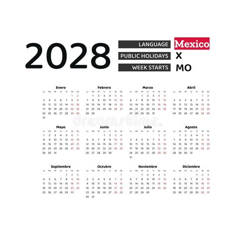 Calendar 2028 Spanish Language With Mexico Public Holidays Stock