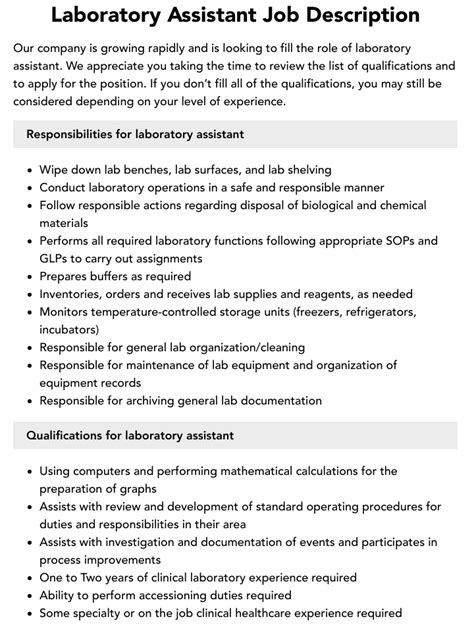 Laboratory Assistant Job Description Velvet Jobs