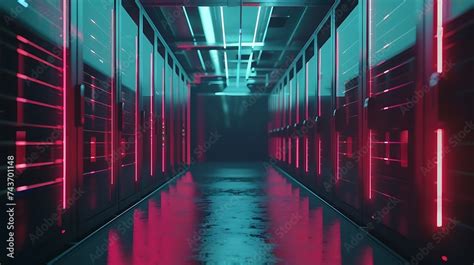 Modern Data Technology Center Server Racks In Dark Room With Vfx Visualization Concept Of