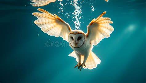 Owl Flying Underwater With Open Wings And Bubbles Stock Illustration