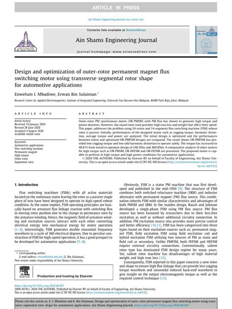 Design And Optimization Of Outer Rotor Permanent Magnet Fluxswitching Motor Using Transverse