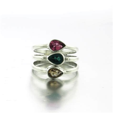 Sterling Silver 925 Triple Pear Shaped Stone Tourmaline Ring