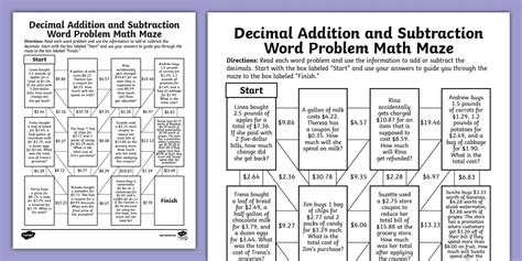Decimal Addition And Subtraction Word Problem Math Maze