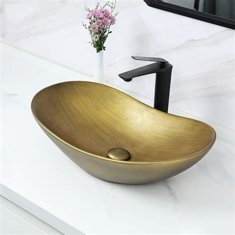 Focitland Gold Vessel Sink Artistic Oval Ceramic Vessel Sink With