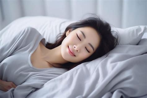 Beautiful Attractive Asian Woman Sleep And Sweet Dream Lying On Bed In