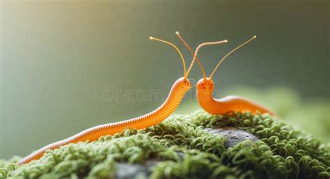 A Couple Of Orange Worms Sitting On Top Of A Moss Covered Rock Stock Image Image Of Colored