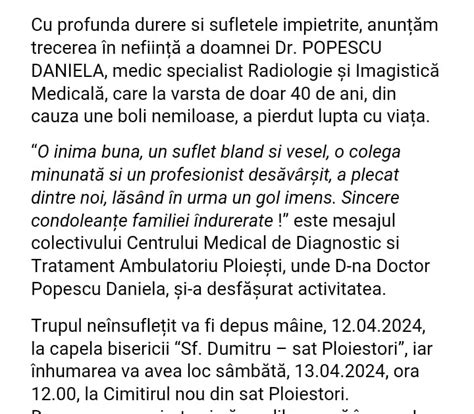 Doamna Doctor Popescu Daniela Medic Specialist Radiologie și Imagistică Medicală A Pierdut