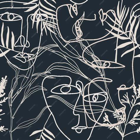 Premium Vector Abstract Creative Seamless Pattern With Floral Plants And Faces Artistic