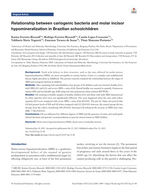 Pdf Relationship Between Cariogenic Bacteria And Molar Incisor