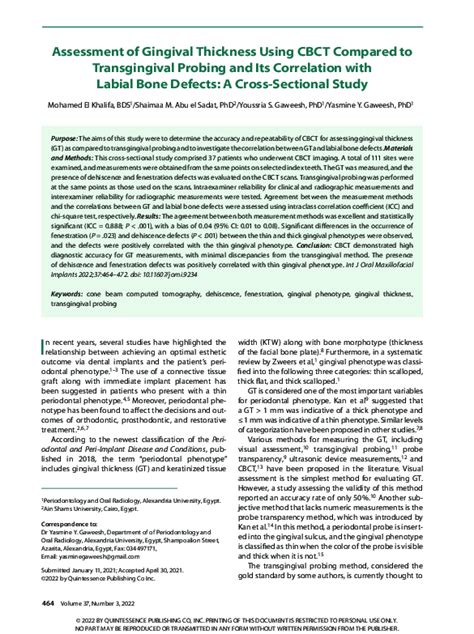 Pdf Assessment Of Gingival Thickness Using Cbct Compared To Transgingival Probing And Its