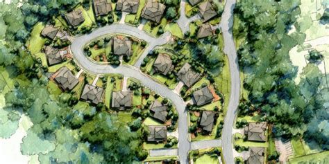 Residential Neighborhood Layout With Winding Roads And Green Spaces In