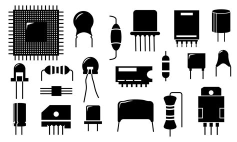 Black Electronic Component Icons Electric Circuit Conductor And Semiconductor Parts Diode
