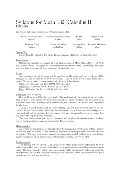 Syllabus For Math 132 Calculus Ii