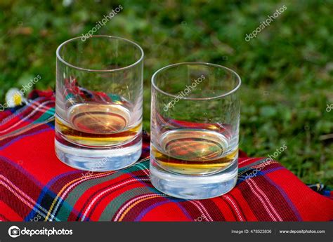 Glasses Scotch Single Malt Blended Whisky Red Tartan Green Grass