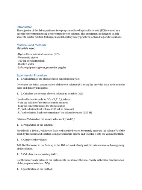 lab report preparation of diluted solution detailed steps english pdf