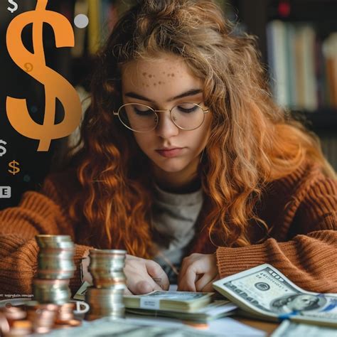 A Girl With A Dollar Bill Is Sitting At A Table With Stacks Of Money