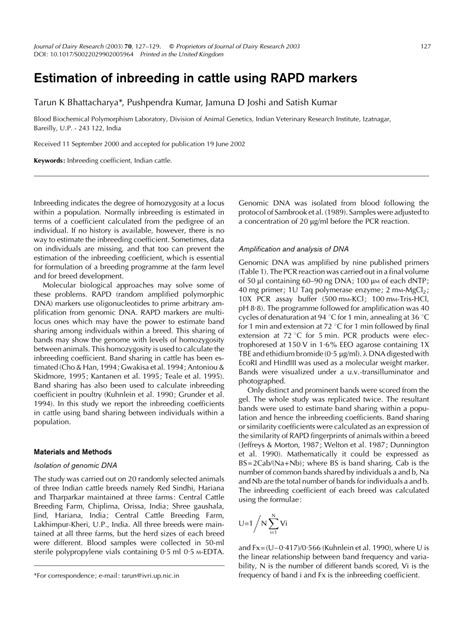 Pdf Estimation Of Inbreeding In Cattle Using Rapd Markers