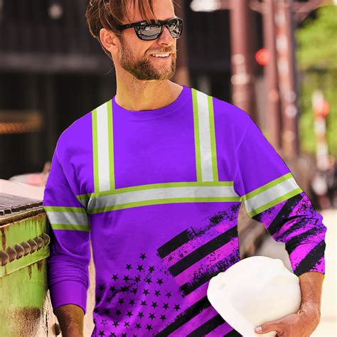 Hi Vis Long Sleeve Shirt Reflective Violet Neon Usa Flag Custom Name