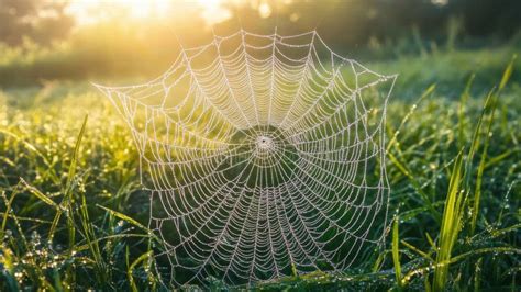 Spider Web Glistening In The Sunlight In The Middle Of A Grassy Field