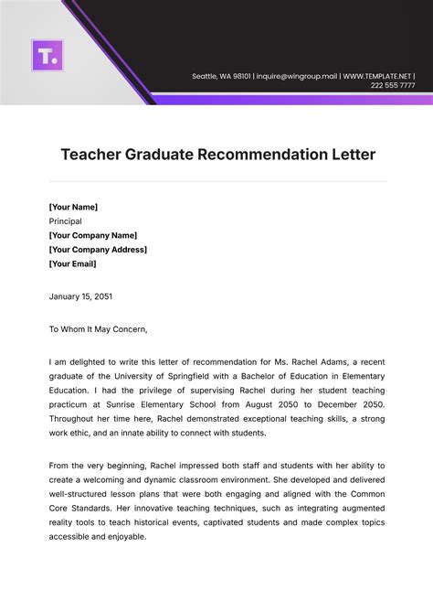 Free Teacher Graduate Recommendation Letter Template To Edit Online