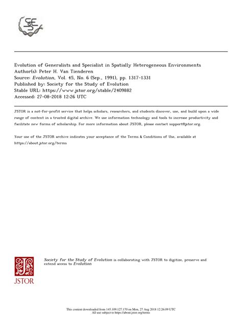 Pdf Evolution Of Generalists And Specialist In Spatially