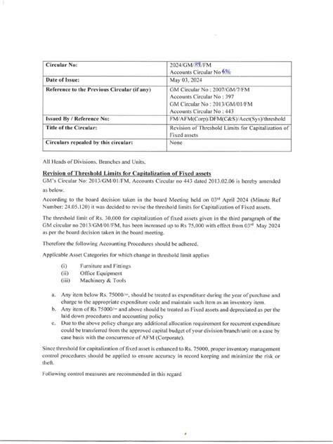 Revision Of Threshold Limits For Capitalization Of Fixed Assets Accts