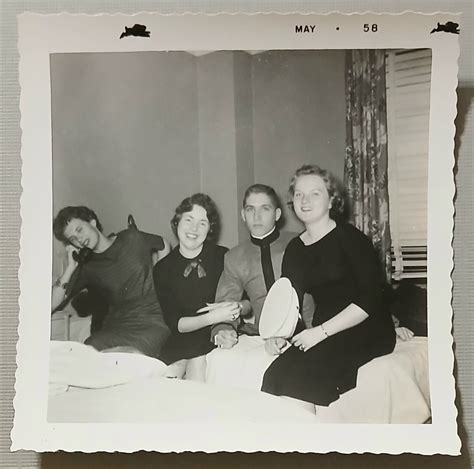 Vintage 1958 Photo 35x35 Bw Ss Coeds College Dorm Mcm Sitting On