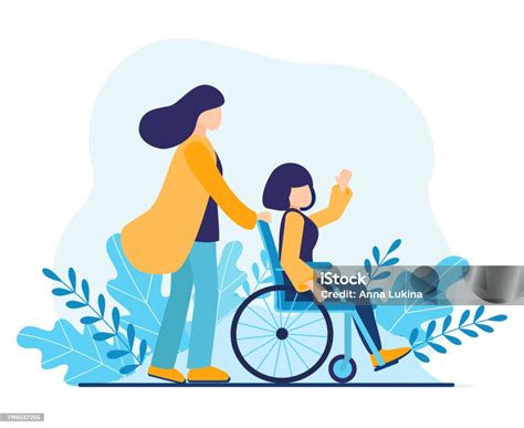 장애인 여성을 돕는 자원 봉사 휠체어에 장애가있는 소녀와 함께 공원에서 걷는 자매 장애인 젊은 사회 복지사 관리가 무효에 대한 도움을 줍니다 국제 자원봉사의 날 벡터