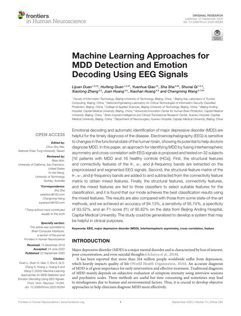 Pdf Machine Learning Approaches For Mdd Detection And Emotion Decoding Using Eeg Signals