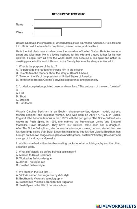 Descriptive Text Online Activity For X Live Worksheets