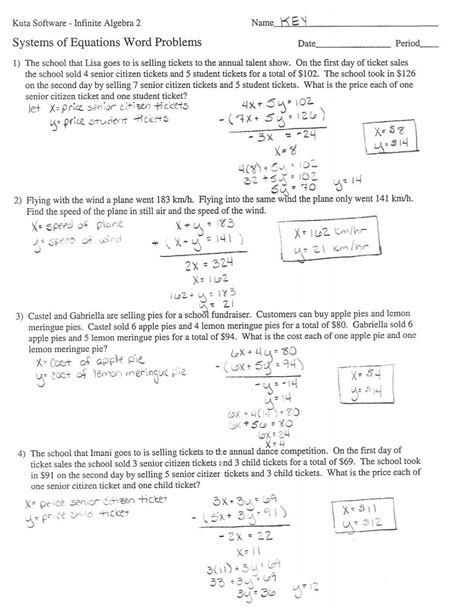 System Of Equations Word Problem Worksheet