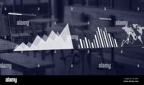 Image Of Interface With Statistical Data Processing Against Empty Cafe