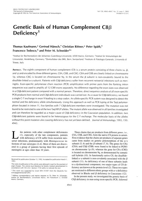Pdf Genetic Basis Of Human Complement C8 Beta Deficiency