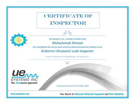 Certificate Of Inspector Airborne Ultrasonic Leak Inspector Ppt