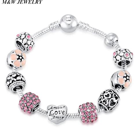 M And W 보석 Dropshiping 매력 보석 실버 팔찌 핑크 크리스탈 비즈 팔찌 여성 Pulseras Mujer