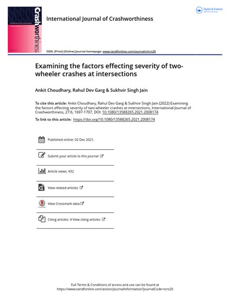 Examining The Factors Effecting Severity Of Two Wheeler Crashes At Intersections Pdf Traffic